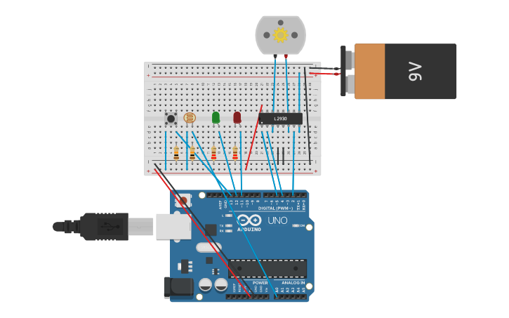 Circuit design Motor, driver y Fotoresistencia | Tinkercad