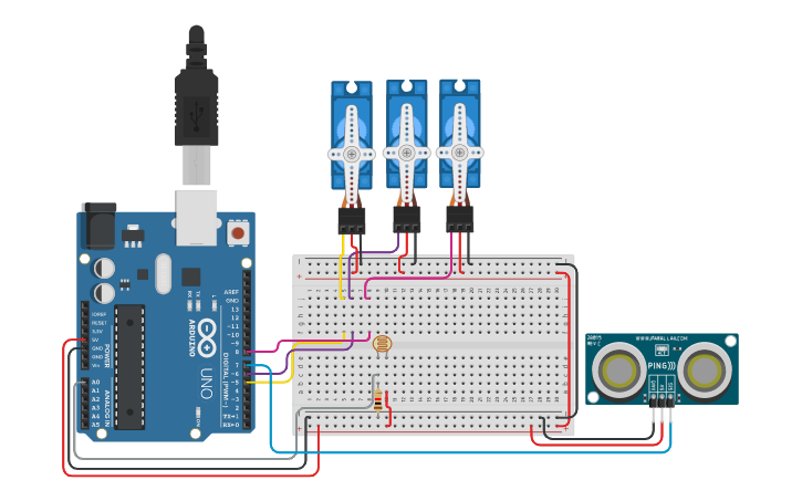 Circuit design 3 Servo motors controlled by a sensor | Tinkercad