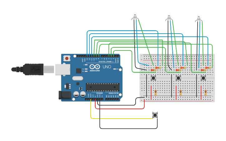 Circuit design três leds RGB e três botões com reset - Tinkercad