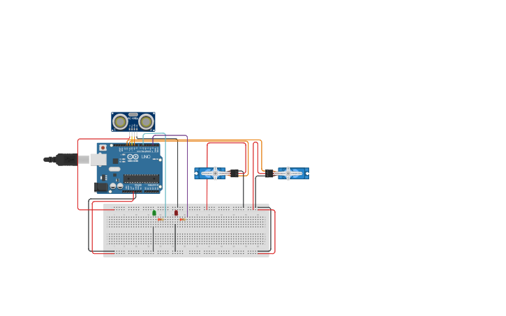 Circuit design PUERTA DOBLE CON SERVO Y SENSOR - Tinkercad