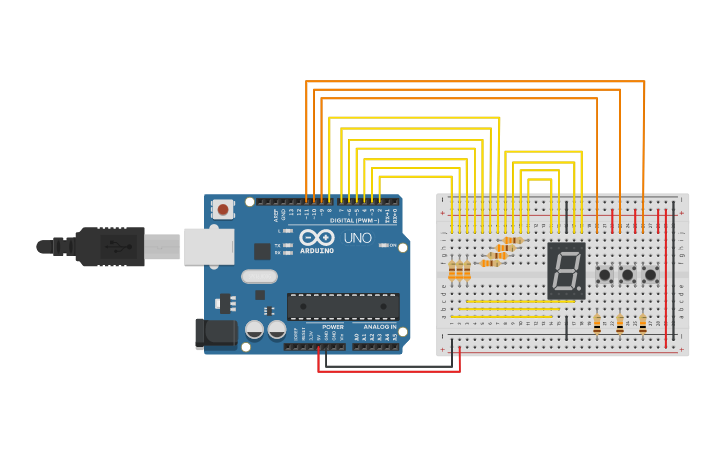 Circuit design AMODIA- QUIZ 04 - 7-SEGMENT DISPLAY USING PUSH BUTTONS - Tinkercad