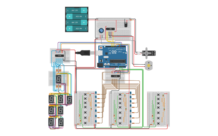 Circuit design Botonera i Posicio+Motor+Servo+Leds+Display V8 | Tinkercad