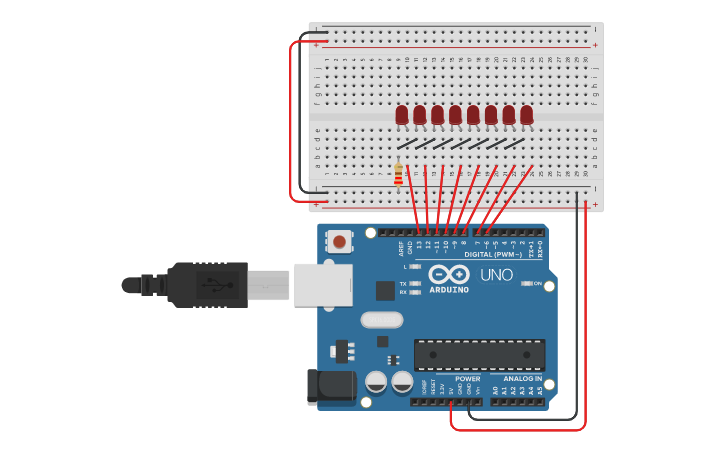 Circuit design Copy of Lab 1.2 - Knight Rider - Tinkercad