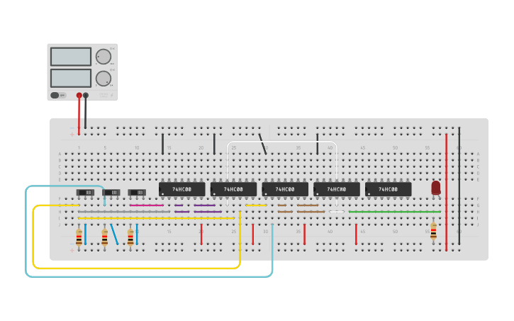 Circuit design FUNKCJA NA LICZBE PIERWSZĄ NA BRAMKACH NAND | Tinkercad Circuit design FUNKCJA NA LICZBE PIERWSZĄ NA BRAMKACH NAND | Tinkercad