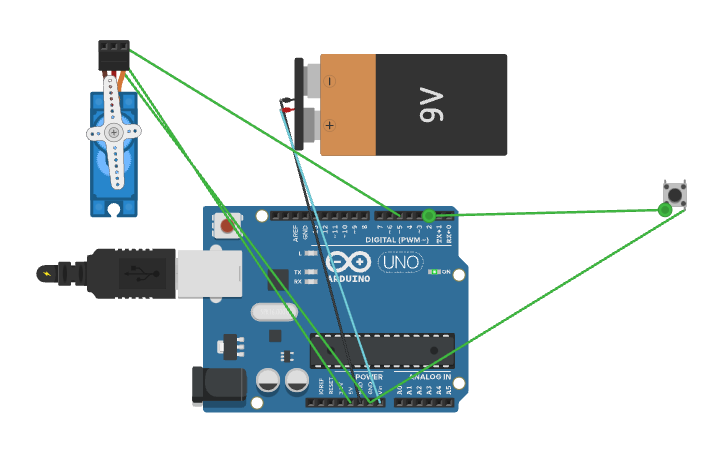 Circuit design servo button press - Tinkercad