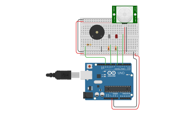 Circuit design Alarm Buzzing - Tinkercad