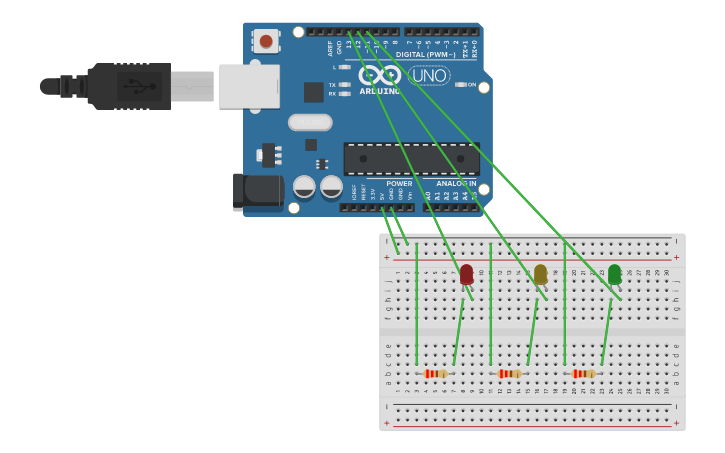 Circuit design Arduino with 3 leds - Tinkercad