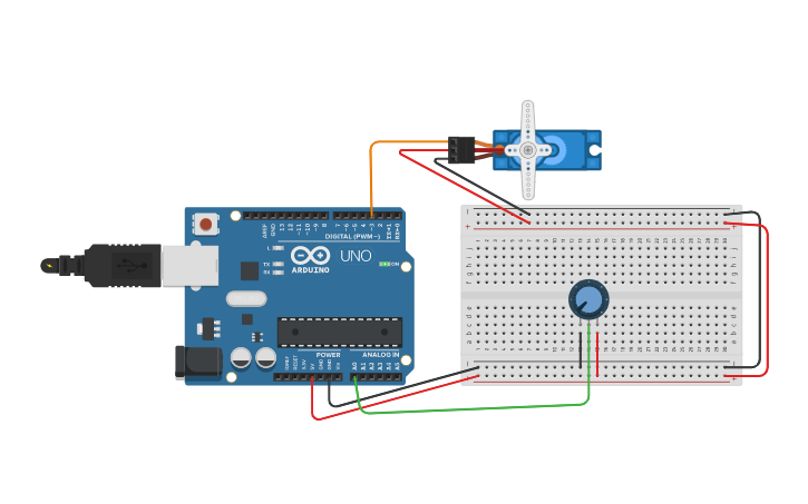 Circuit design Moisture Sensor and servo motor - Tinkercad