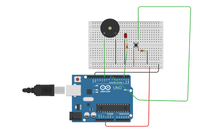 Circuit design Button Buzzer LED - Tinkercad