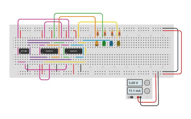 Circuit design 4-bit Ring Counter - Tinkercad