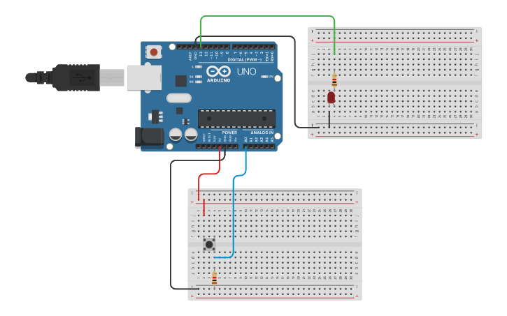 Circuit design TP2 /ARDUINO+DEL + BoutonPoussoir - Tinkercad