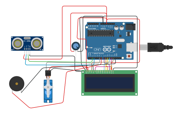 Circuit design Security System Using Ultrasonic Sensor - Tinkercad