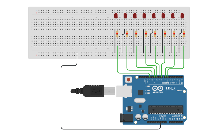Circuit design Caracter ASCii in Binary - Tinkercad