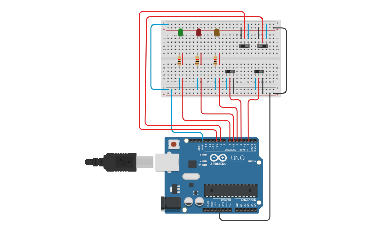 Circuit design Ejemplo 3. Linea embotelladora - Tinkercad