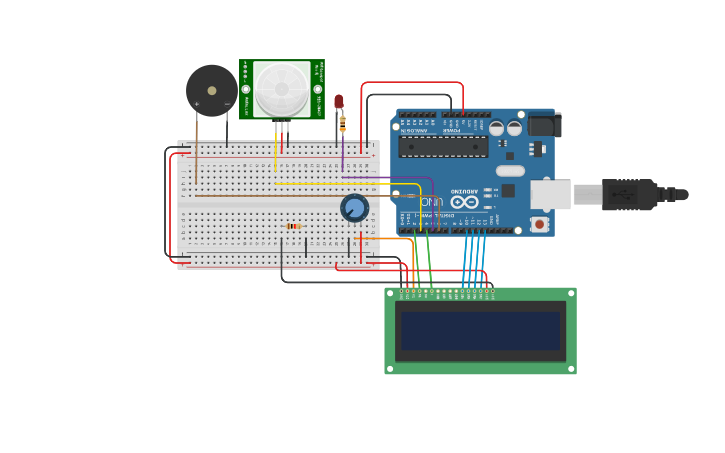 Circuit design Sensor para medir pontos, com LED, Buzzer e LCD - Tinkercad