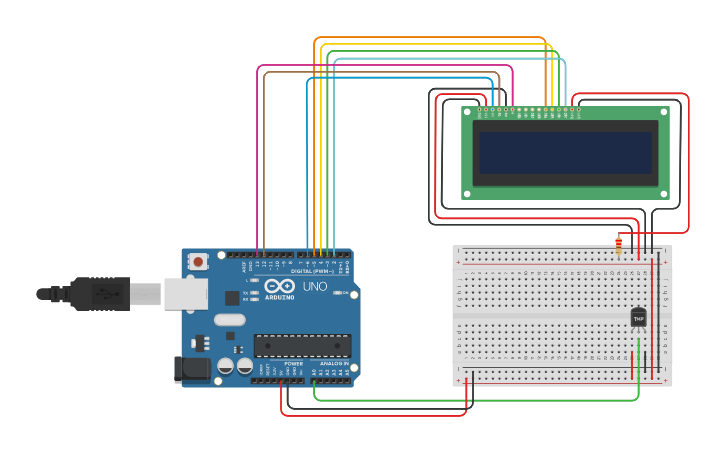 Circuit design Sensor de Temperatura con pantalla LCD | Tinkercad