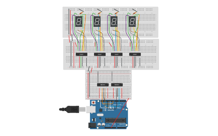Circuit design shift register 4 cifre | Tinkercad