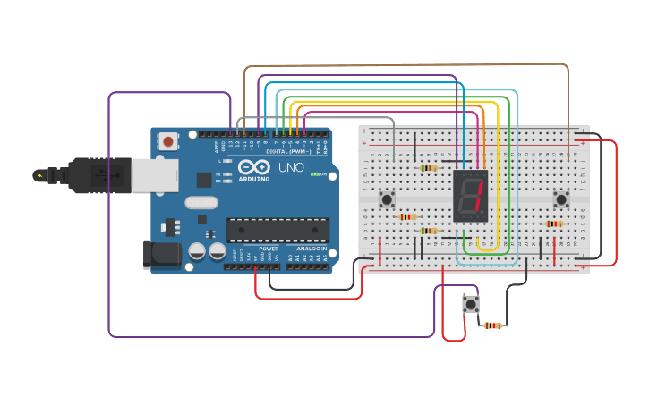 Circuit design 7 segment display with interrupt - Tinkercad Circuit design 7 segment display with interrupt - Tinkercad