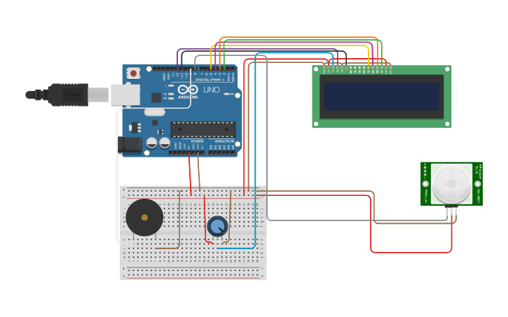 Circuit design Sensor de movimiento con lCD - Tinkercad