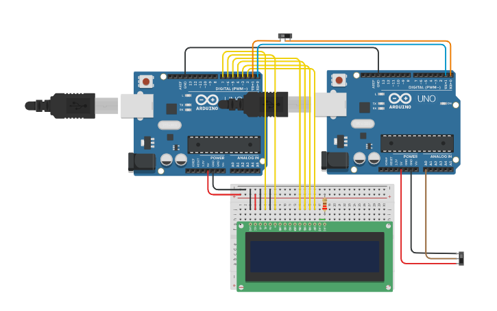 Circuit design Dual Arduino RS-232 RX/TX Echo with display - Tinkercad
