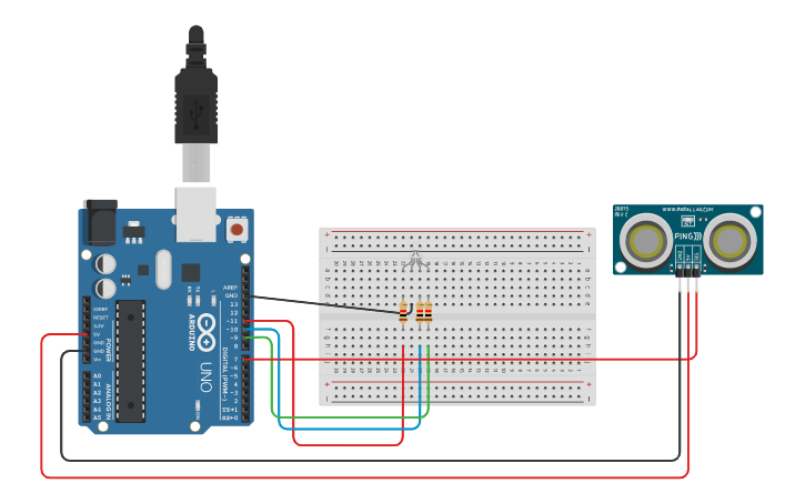 Circuit design Ultrasonic sensor and LED - Tinkercad