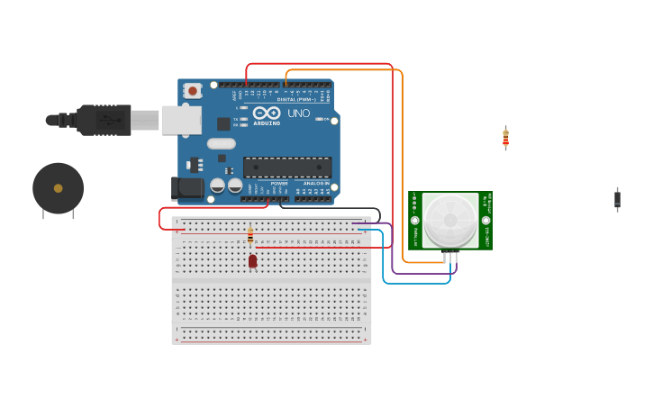 Circuit design sensor PIR mas LED | Tinkercad
