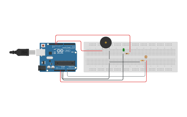 Circuit design Aula 5a_LDR_LED_Buzzer - Tinkercad