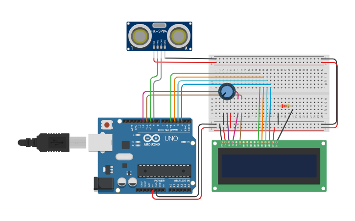 Circuit design Copy of datos en LCD con sensor distancia - Tinkercad