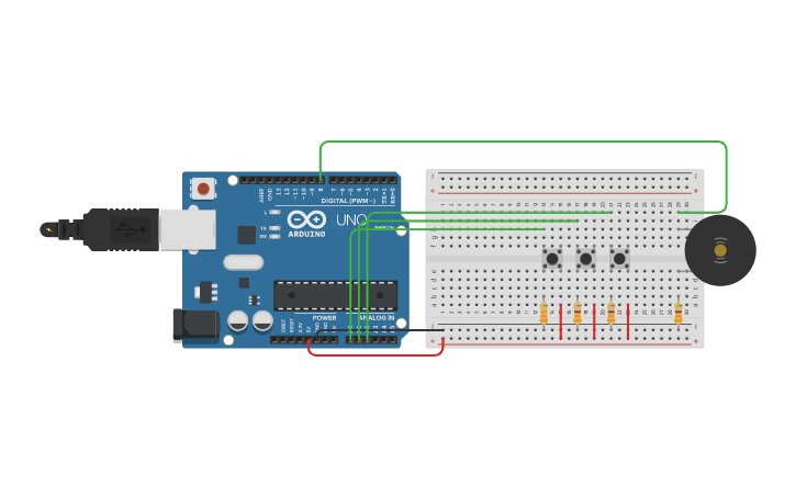Circuit design Arduino Piano, but there are only 3 notes | Tinkercad