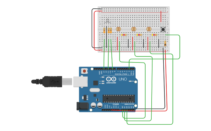 Circuit design RGB with Photoresistors | Tinkercad