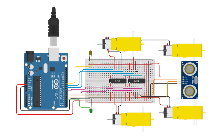 Circuit design sensor y 4 motores - Tinkercad