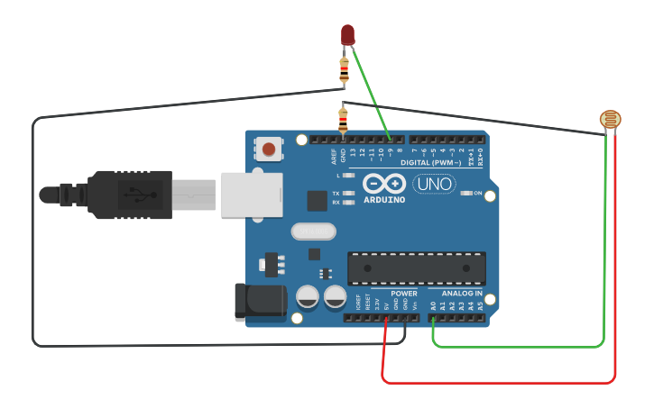 Circuit design 13.senses illumination to switch on/off light | Tinkercad