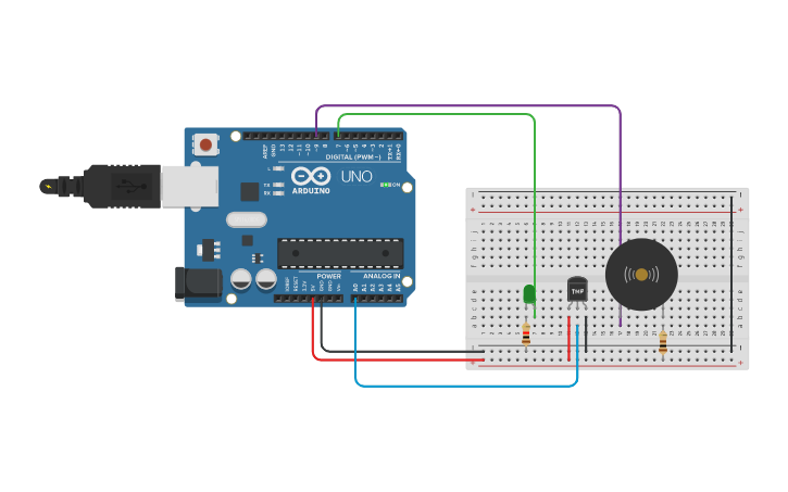 Circuit design Sensor de temperatura con led y zumbador - Tinkercad
