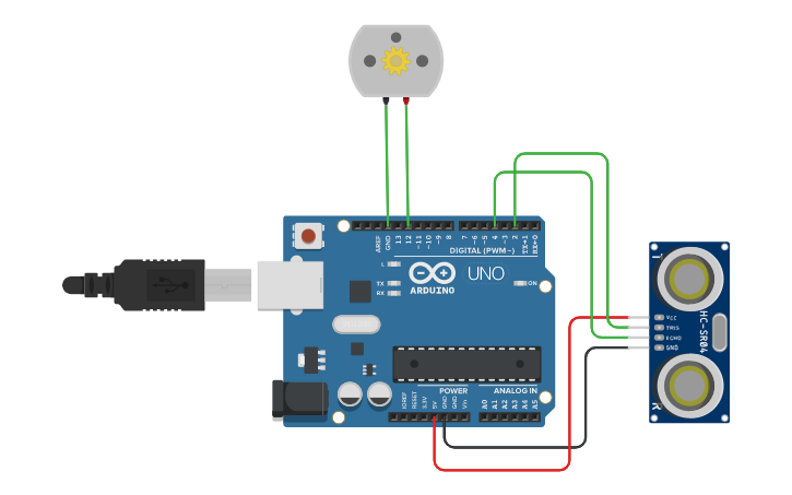 Circuit design DC Motor using Ultrasonic Sensor - Tinkercad