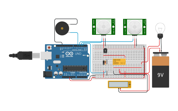 Circuit design PIR Y RELE | Tinkercad