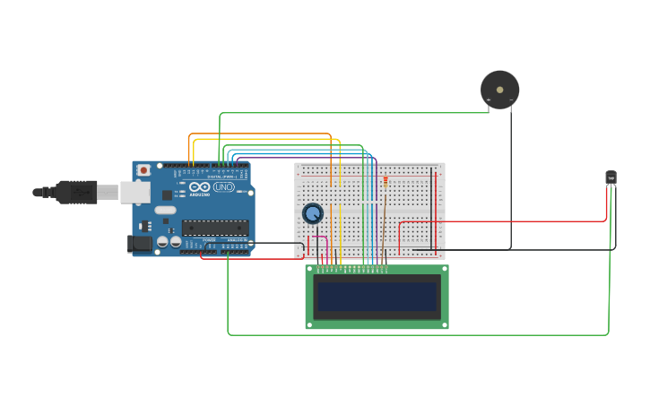 Circuit design temperature sensor with buzzer - Tinkercad