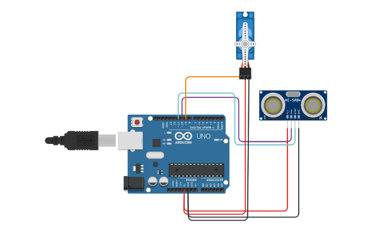 Circuit design Servo with ultrasonic - Tinkercad
