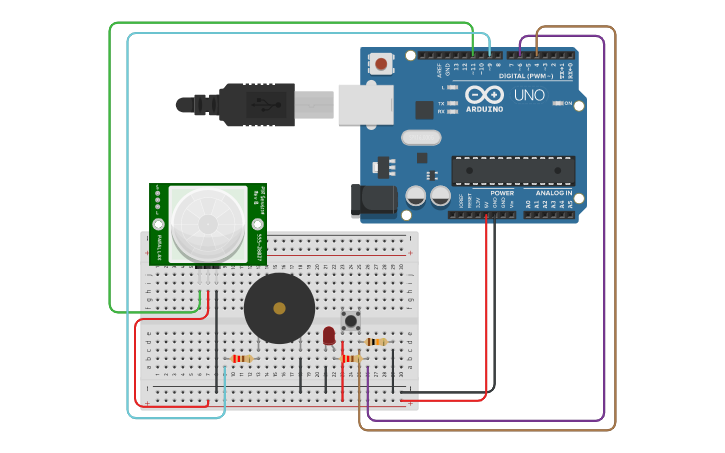 Circuit design ALARMA SENSOR PIR | Tinkercad