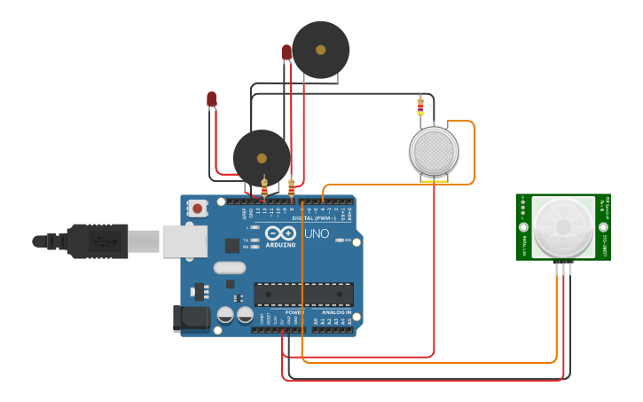 Circuit design Fire alarm w/ Motion Sensor - Tinkercad