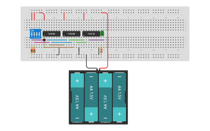 Circuit design 74LS04,74LS08 y 74LS32 - Tinkercad