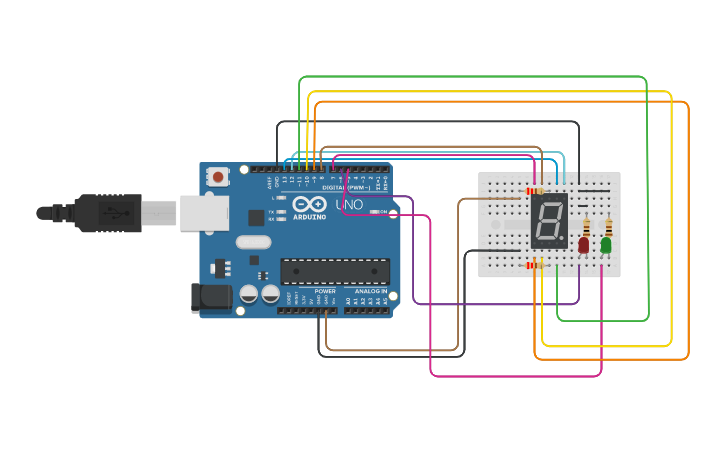 Circuit design 7 segment + Led 2 (เลขคู่/เลขคี่) - Tinkercad