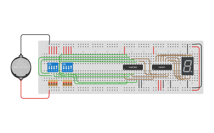 Circuit design ACTIVITY#7-4-BIT ADDER WITH 7 SEGMENT - Tinkercad