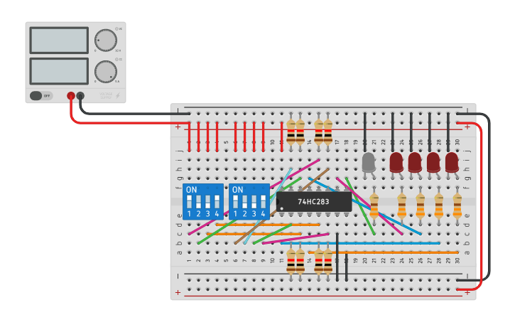 Circuit design 2C sumador simple - Tinkercad