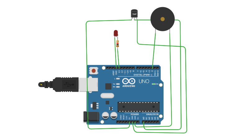 Circuit design temp-buzzer-led | Tinkercad