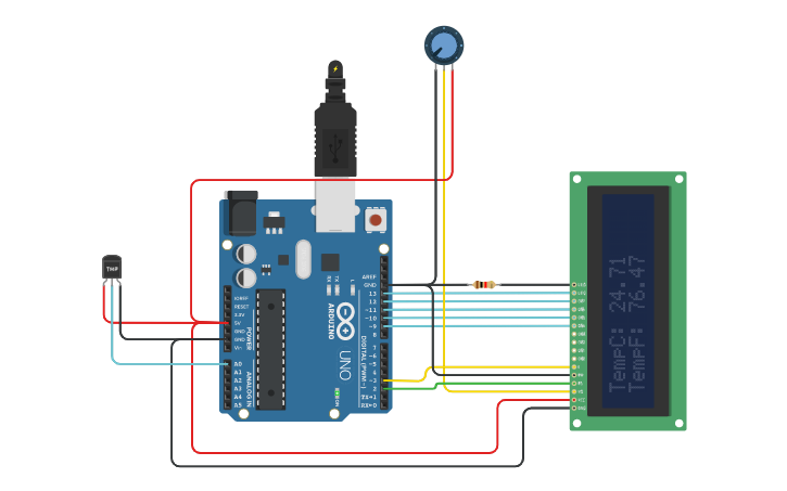 Circuit design Temp with LCD Potentiometer | Tinkercad