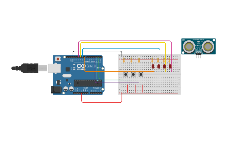 Circuit design Tres botones y 4 leds - Tinkercad