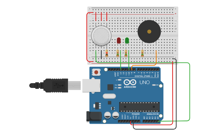 Circuit design GAS + buzz + led | Tinkercad