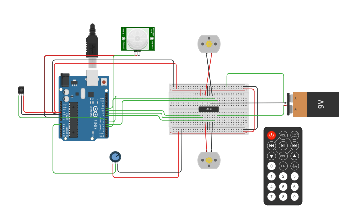 Circuit design IR controlled, dual Motor with PIR for Object Detection - Tinkercad