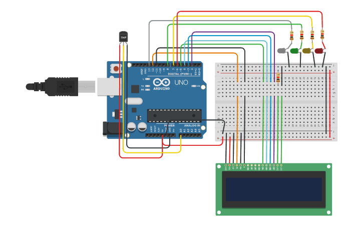 Circuit design Sensor de Temperatura con LCD y leds - Tinkercad