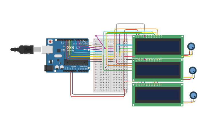 Circuit design Montagem com 3 LCD's | Tinkercad